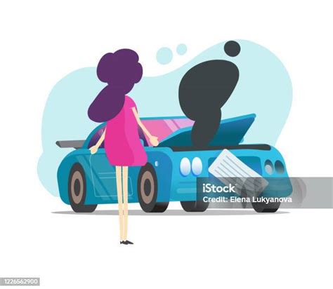 추락 한 차량 또는 한 소녀 사람 및 자동차 사고 고립 벡터 평면 만화 장면 여성 캐릭터 현대 디자인 이미지와 깨진 자동차