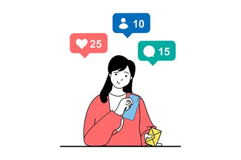 플랫 웹 디자인에서 사람들 장면이 있는 소셜 미디어 개념 여자는 새로운 좋아요 댓글 및 새로운 친구 추가에 대한 알림을 받습니다 소셜 미디어 배너 마케팅 자료에 대한 벡터