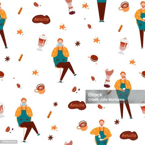 커피와 만화 바리스타 캐릭터 한 잔과 카페 패턴 좋은 컬러 커피 테마 패턴 가공의 인물에 대한 스톡 벡터 아트 및 기타 이미지