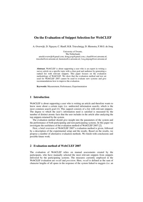Pdf On The Evaluation Of Snippet Selection For Webclef