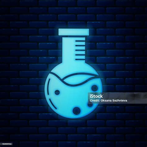 빛나는 네온 테스트 튜브와 벽돌 벽 배경에 격리 플라스크 화학 실험실 테스트 아이콘 실험실 유리 표지판 벡터 일러스트레이션 개발에 대한 스톡 벡터 아트 및 기타 이미지