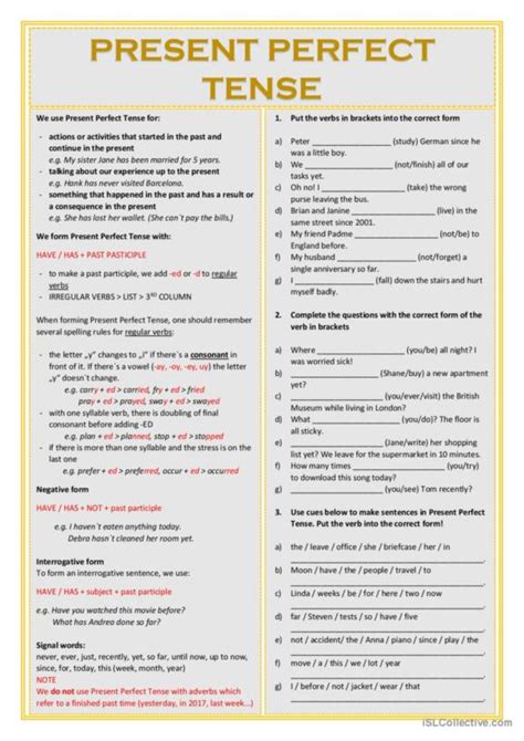 289 Present Perfect Simple Tense English Esl Worksheets Pdf