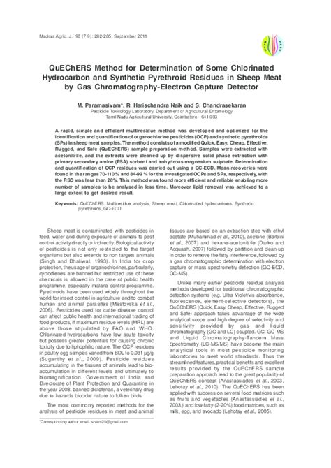 Pdf Quechers Method For Determination Of Some Chlorinated Hydrocarbon And Synthetic Pyrethroid