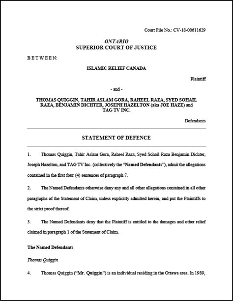 Tom Quiggins Statement Of Defence In Islamic Relief Canada Defamation