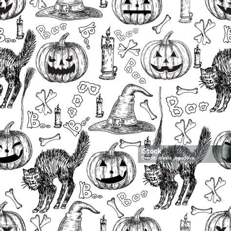 할로윈 휴일 할로윈 죽음 사신 유령 유령 검은 고양이 박쥐 해골 해골 마녀 가마솥 관 무덤의 완벽 한 패턴 벡터 할로윈 장식 디자인에 대 한 장식 배경 할로윈에 대한 스톡