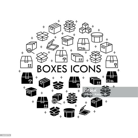 현재 및 상자 플랫 라인 아이콘 세트입니다 판지 나무 상자 제품 패키지 선물 벡터 일러스트레이션 배달 서비스를 위한 간단한 윤곽 표지판 경호에 대한 스톡 벡터 아트 및 기타