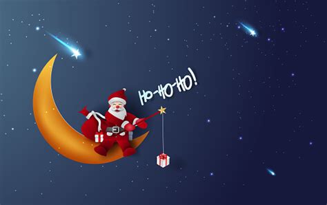 메리 크리스마스와 산타 클로스 낚싯대 의 새해 복 많이 받으세요 선물 상자를 개최합니다 신비한 밤 하늘 판타지 배경 반달과 별 밤 달콤한 꿈에 달빛종이 컷 및 공예 벡터