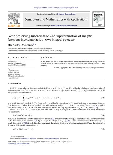 Pdf Some Preserving Subordination And Superordination Of The Liu Owa Integral Operator