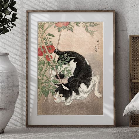 Black Cat And Tomato Plant Shotei Takahashi Ukiyo E Japanese