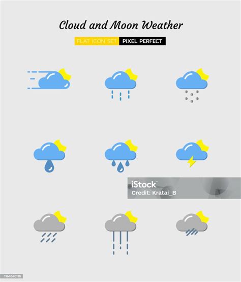 색상 평면 아이콘 기호 세트 일기 예보 기후 구름 달 밤 비오는 드롭 천둥 바람이 부는 고립 된 벡터 디자인 64 픽셀 완벽한