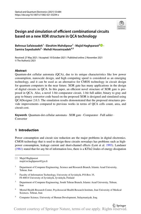 Pdf Design And Simulation Of Efficient Combinational Circuits Based On A New Xor Structure In