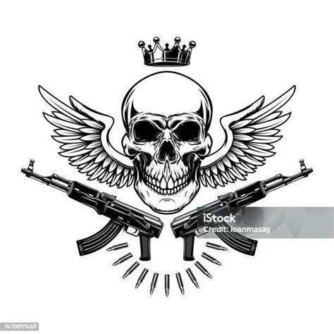 교차 돌격 소총을 가진 두개골의 그림 라벨 기호 엠블럼에 대한 디자인 요소 벡터 그림 Ar 15 소총에 대한 스톡 벡터 아트 및