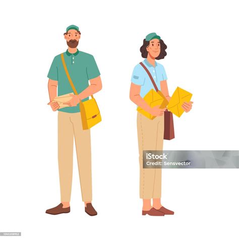 우체부 나 우체부 편지 캐리어 는 유니폼에 남자와 여자를 격리 평면 만화 캐릭터 가방 및 종이 소포 우체국 노동자벡터 포티 직업 택배 또는 배달원 가공의 인물에 대한 스톡