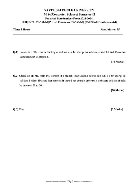 MSc CS Slips CS MJP FSD M Computer Science Semester II Practical Examination From