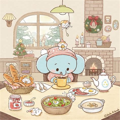 코끼리의 겨울 아침 브런치 일러스트 En 2024