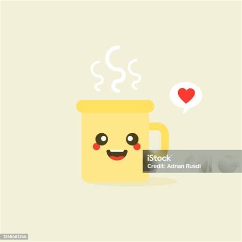 컵 가와이 이모티콘 뺨과 눈 귀여운 만화 얼굴이있는 평면 디자인의 컬러 아름다운 낙서 컵 캐릭터 뜨거운 커피와 차 벡터 그림입니다 귀여운에 대한 스톡 벡터 아트 및 기타