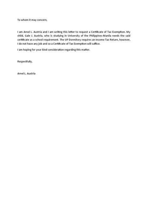 Letter For Tax Exemption Pdf