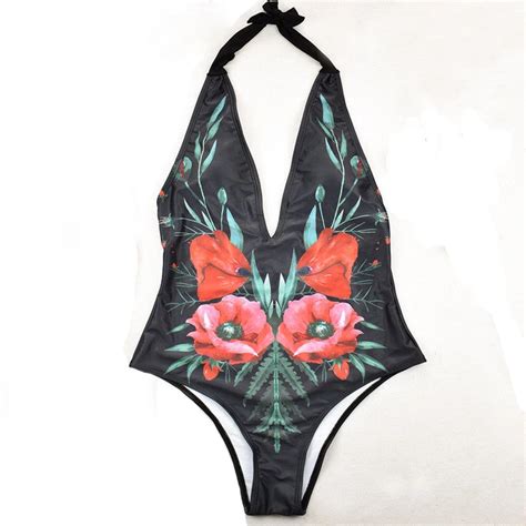 Women Rose Flowers Backless One Piece Monokinis 2019 Hot Sexy Deep V