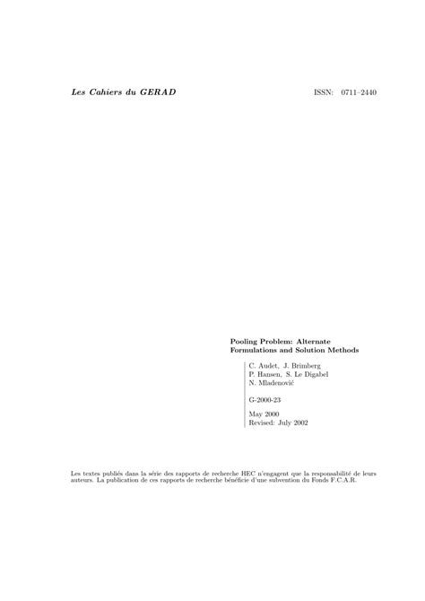 Pdf Pooling Problem Alternate Formulations And Solution Methods