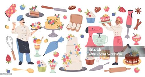 제과 제품 과자 디저트 전문 도구 재미있는 패스트리 밥솥 남자와 여자 요리사 캐릭터 결혼식 및 생일 케이크 깔끔한 벡터 만화 플랫 베이커리 세트 오븐에 굽기에 대한 스톡