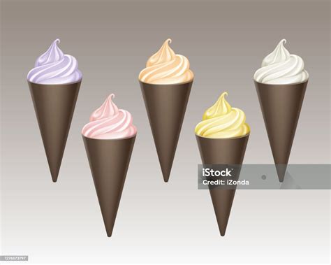 컬러풀한 라이트 라일락 핑크 옐로우 화이트 소프트 서브 아이스크림 와플 콘의 벡터 세트로 다크 브라운 카톤 포장지에서 화이트 백그라운드에서 고립된 룩 3차원 형태에 대한