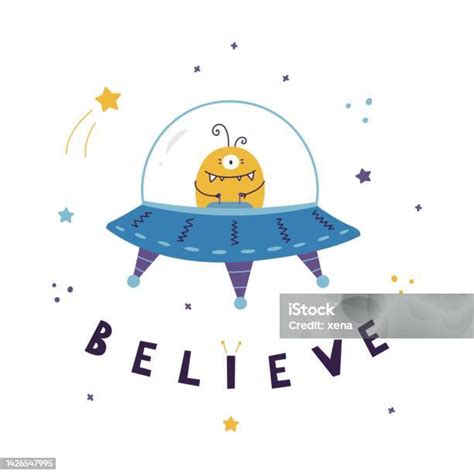 귀여운 아이 Ufo 우주 인쇄 비행 선박과 외계인과 보육원에 대한 믿을만한 편지와 함께 날기에 대한 스톡 벡터 아트 및 기타