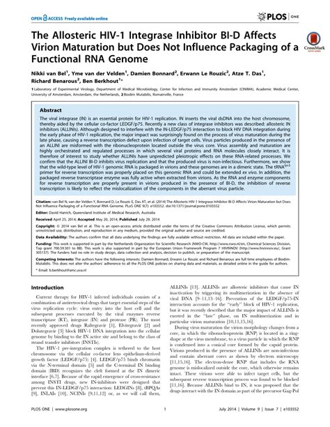 Pdf The Allosteric Hiv 1 Integrase Inhibitor Bi D Affects Virion Maturation But Does Not
