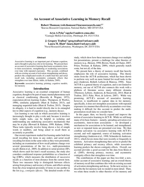 Pdf An Account Of Associative Learning In Memory Recall