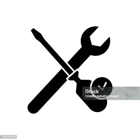 스크루 드라이버와 체크 마크가 있는 렌치 글리프 아이콘 그림입니다 완전한 수리 아이콘에 적합합니다 아이콘 그림 관련 수리 유지 보수 간단한 벡터 디자인 편집 가능 개선에