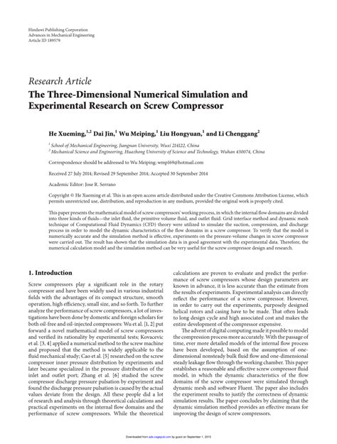 Pdf The Three Dimensional Numerical Simulation And Experimental Research On Screw Compressor