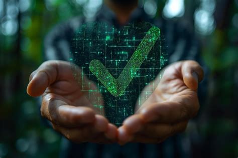 Businessman Confidently Holds Glowing Green Check Mark Symbolizing Success Mark Contains Code