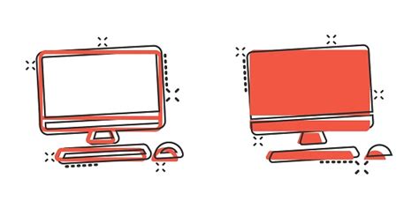 만화 스타일의 개인 용 컴퓨터 격리 된 배경에 데스크톱 Pc 만화 벡터 일러스트레이션 모니터 디스플레이 스플래시 효과 기호