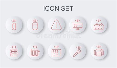 Set Line Smart Printer Server Exclamation Mark Triangle Wireless Microphone Smartphone