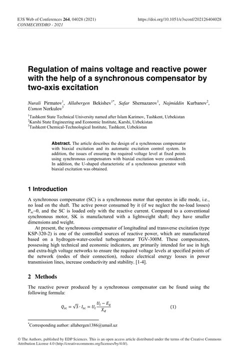 Pdf Regulation Of Mains Voltage And Reactive Power With The Help Of A Synchronous Compensator
