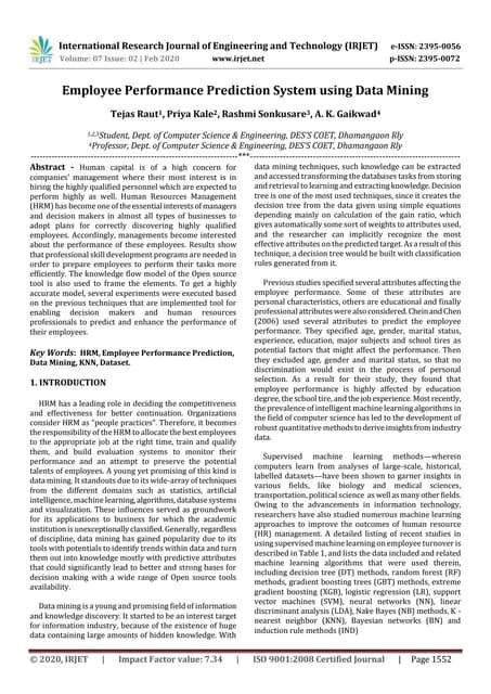 Irjet Employee Performance Prediction System Using Data Mining Pdf