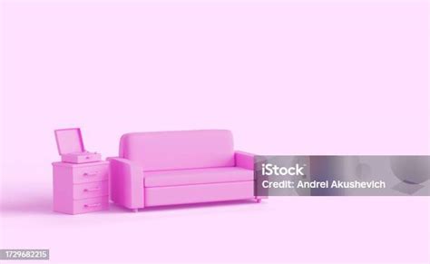 핑크색 단색 스타일의 거실 인테리어에는 소파와 빈티지 레코드 플레이어 박스 3d 렌더링이 있습니다 가구와 음악 비닐 턴테이블이 배경에 격리되어 있는 현대적인 빈 라운지