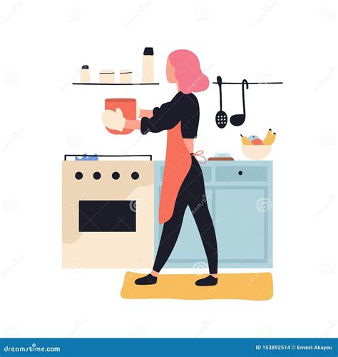 Mujer Adorable Que Cocina En Cocina Chica Joven Linda Que Prepara Comidas En Casa Personaje De