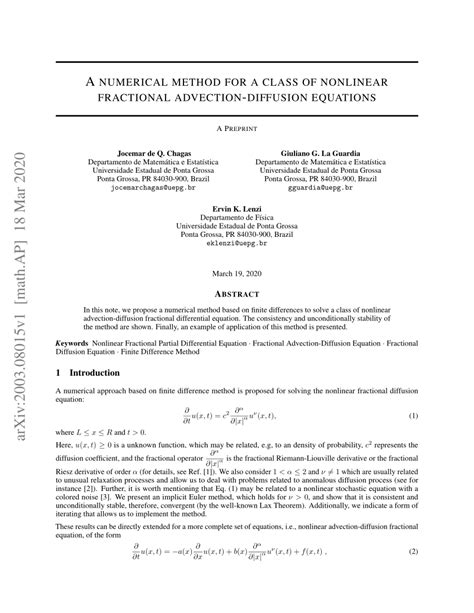 Pdf A Numerical Method For A Class Of Nonlinear Fractional Advection