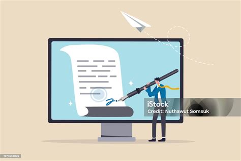 디지털 서명 또는 전자 계약 연락처 온라인 문서 서명 인터넷 거래 Id 인증된 필적 응용 프로그램 개념 컴퓨터에서 디지털 서명에 서명하는 사업가 전자메일에 대한 스톡 벡터