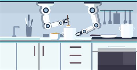 스마트 핸디 요리사 로봇 팬 로봇 보조 혁신 기술 인공 지능 개념 현대 부엌 인테리어 평면 수평 야채 수프를 준비 가구에 대한 스톡 벡터 아트 및 기타 이미지 Istock