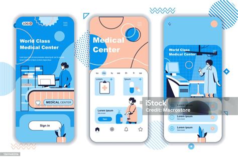 모바일 앱 템플릿용 의료 센터 개념 온보딩 스크린 진단 치료 의사 상담 웹 디자인을 위한 사람 장면이 있는 Ui Ux Gui 사용자 인터페이스 키트 벡터 일러스트레이션