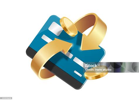 황금 화살표 금화 또는 달러 모든 물체는 공중에 떠 있고 현금 백 프로모션 개념 금융 개념에 대 한 고립 된 벡터 3d 그림에 대 한 파란색 신용 카드 주위를 빙빙 돌고