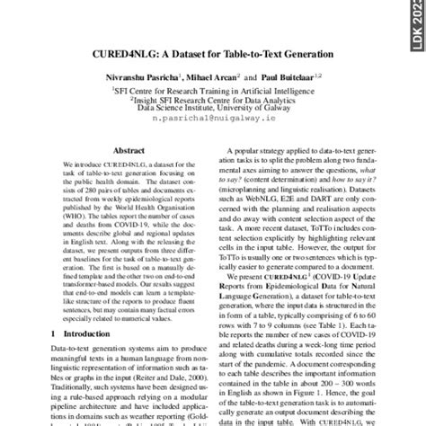 Cured4nlg A Dataset For Table To Text Generation Acl Anthology