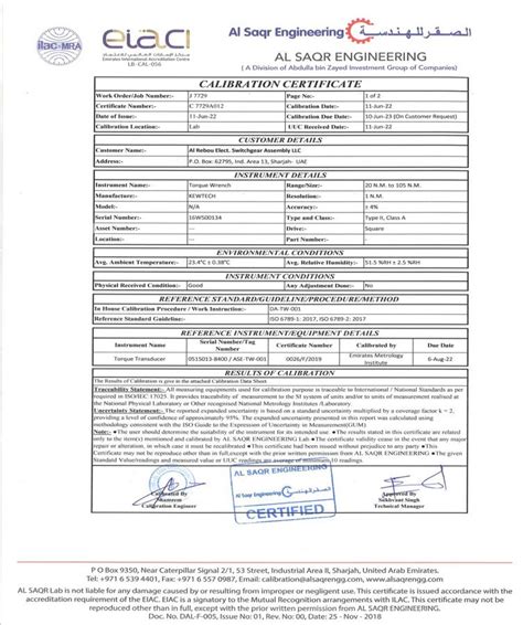 Calibration Certificate Al Rebou Elect Switchgear Assembly Llc