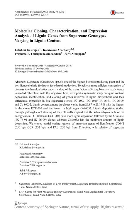 Molecular Cloning Characterization And Expression Analysis Of Lignin