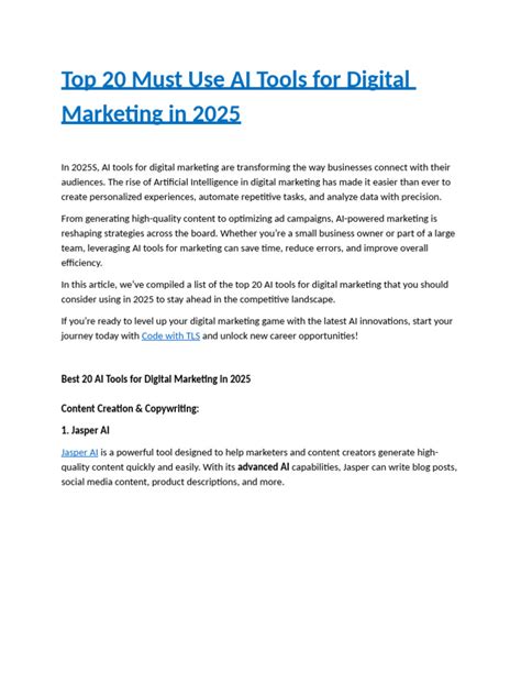 Top 20 Must Use Ai Tools For Digital Marketing In 2025 Pdf