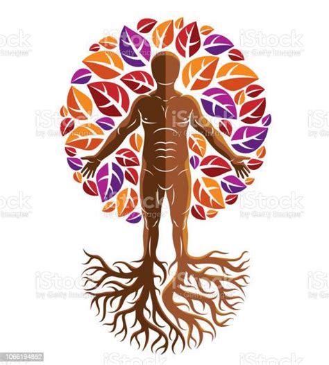 근육 질의 인간 자기 나무 뿌리를 사용 하 여 만든가 포위의 벡터 그래픽 일러스트 단풍 환경 보호 개념 자연과 조화를 이루며에서 살고 뿌리에 대한 스톡 벡터 아트 및 기타