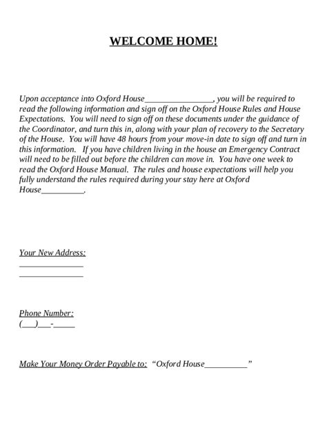 Oxford House Rules And Expectations Blank Fillable Template Fill
