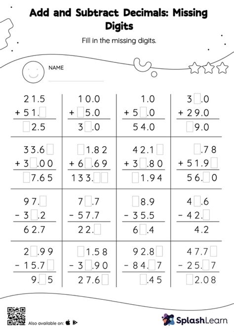 Add And Subtract Decimals Missing Digits Worksheet