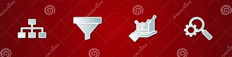 Set Hierarchy Organogram Chart Sales Funnel Pie Infographic And Magnifying Glass And Gear Icon